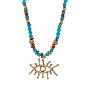 EBRU JEWELRY Gold Vermeil Guardian Evil Eye Pendant Turquoise Beaded Necklace - Gold/blue/red