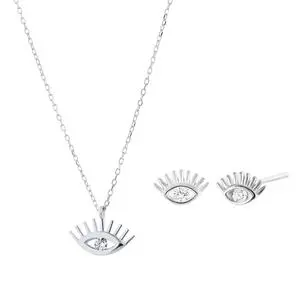 SPERO LONDON Evil Eye Necklace And Stud Earring Set - Silver