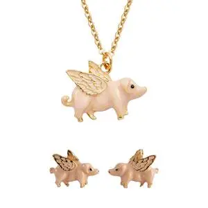 FABLE ENGLAND Flying Pig Necklace And Stud Earrings Set - Gold/pink