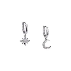 SEVEN SAINTS Moon And Star Huggie Hoop Drop Earrings - Silver