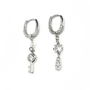 KIREI Keycode Asymmetrical Hoop Earrings With Pearl And Zirconia Charms - Silver