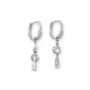 KIREI Keycode Asymmetrical Hoop Earrings With Pearl And Zirconia Charms - Silver