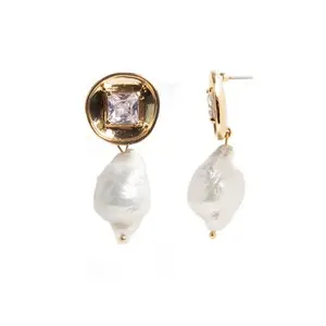 Saachi Gold Disc Baroque Pearl Drop Earrings - White