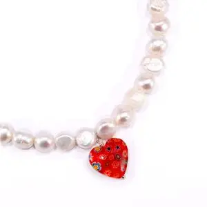 MINERALGEMS ✩ STUDIO Pearl Necklace With Venetian Glass Heart Pendant - Red
