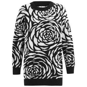 PERALUNA Rose Patterned Knit Fluffy Crew Neck Sweater - Black