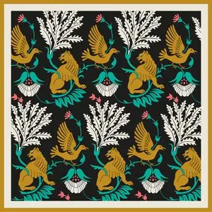 ARTEMIS MUSE Regal Doves & Lions & Colourful Luxury Silk Scarf - Black