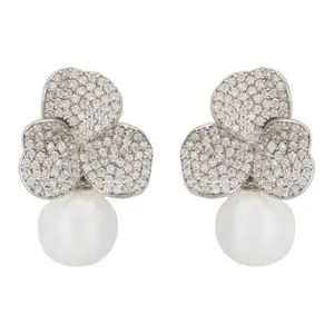 LATELITA London Silver Iris Flower And Pearl Dangle Earrings With Cubic Zirconia