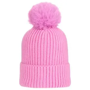 AT LAST... Chunky Cashmere Mix Beanie With Faux Fur Pom Pom - Pink