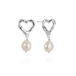 LULU AND BOO JEWELLERY Sterling Silver Heart Stud Earrings With Pearl - Silver/white