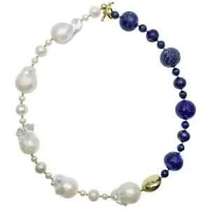 FARRA Baroque Pearls & Lapis Short Necklace - White/blue