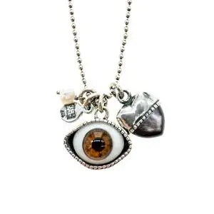 GEM KINGDOM Gem Kingdom Sterling Silver Charm Necklace With Glass Eye And Mother Of Pearl Heart Brown/black/silver