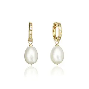 LILY & ROO Diamond Style Baguette Pearl Drop Hoop Earrings - Gold
