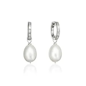 LILY & ROO Diamond Style Baguette Pearl Drop Hoop Earrings - Silver