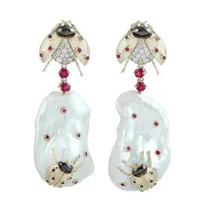 ARTISAN 14k Yellow Baroque Pearl, Ruby, And Diamond Ladybug Earrings