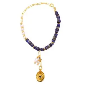 1610ISTANBUL Gemstone And Pearl Evil Eye Bracelet - Gold