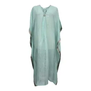 JOSHI Linen Kaftan With Metallic Border - Green