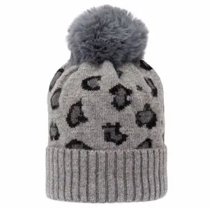 AT LAST... At Last...Chunky Six Ply Cashmere Leopard Beanie Grey