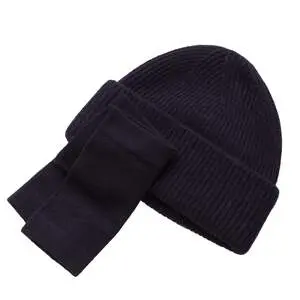 COVE Cashmere Ribbed Beanie And Wrist Warmer Set - Blue