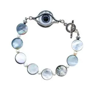 GEM KINGDOM Mother Of Pearl Disc And Pearl Bracelet With Eye Motif - Silver/blue/grey