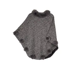 Saachi Faux Fur Trimmed Pom Pom Poncho - Grey