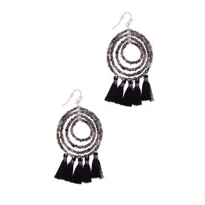 Saachi Beaded Tassel Hoop Earrings - Black