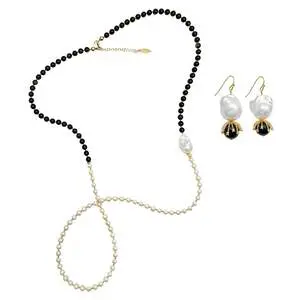 FARRA Obsidian And White Freshwater Pearls Jewelry Set - Black