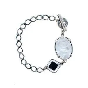 GEM KINGDOM Sterling Silver Link Bracelet With Mother Of Pearl And Onyx - Silver/white/black