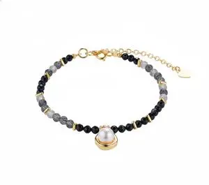 ANGEL BAROCCO Natural Stone Bracelet With Pearl Pendant - Black