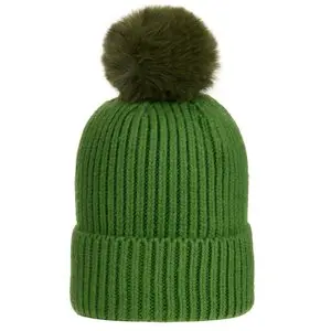 AT LAST... Cashmere Mix Beanie With Faux Fur Pom Pom - Green
