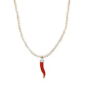 UNALOE Baroque Pearl Necklace With Coral Cornicello Charm - Silver/white/red