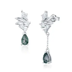 AZURA JEWELRY NEW YORK Blair Green Moss Agate White Gold Vermeil Earrings - Silver