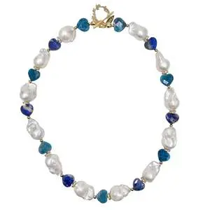 FARRA Baroque Pearl Necklace With Lapis Lazuli And Apatite