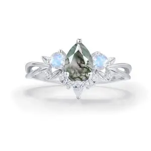 AZURA JEWELRY NEW YORK Laurel Grove Moss Agate Moonstone Ring - Silver