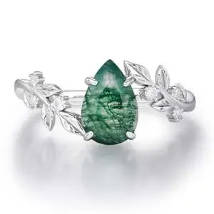 AZURA JEWELRY NEW YORK Moss Agate Ring In White Gold Vermeil - Silver/green