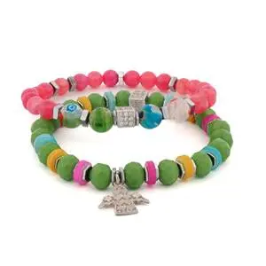 EBRU JEWELRY Beaded Charm Bracelet Set With Angel Motif - Pink/silver/green