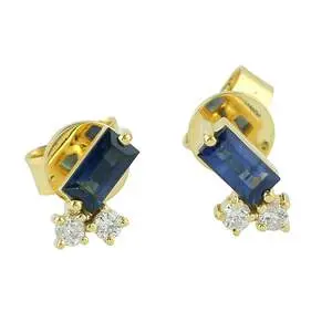 ARTISAN Black / White / Gold Emerald Cut Blue Sapphire & Diamond Stud Earrings In 18k Yellow Gold - Black/white/gold