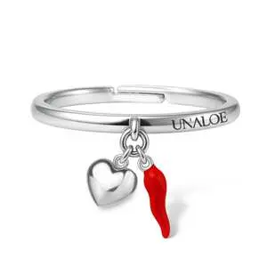 UNALOE Adjustable Sterling Silver Ring With Heart And Italian Horn Charms - Silver/red