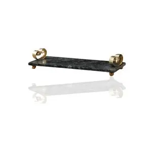MARLETH Gold / Black Rectangular Black Marble Tray With Sculptural Gold Scroll Handles - Gold/black
