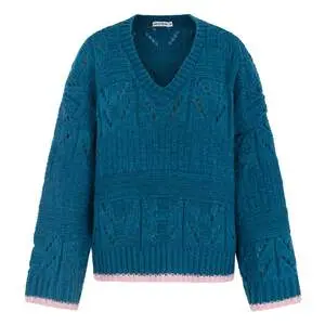 CARA & THE SKY Pointelle V-neck Jumper - Green/blue