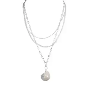 FV JEWELLERY Steel Me Triple Chain & Pearl Necklace - Silver