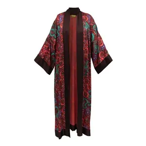 JANARA JONES Fantasy Print Satin Long Abaya Kaftan - Brown