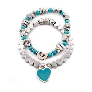 EBRU JEWELRY Love Charms Beaded Bracelet Set - Blue/silver