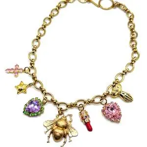 ACHALA HANDCRAFTED Bee And Crystal Hearts Charm Necklace - Gold