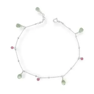 MOUNIR LONDON Beaded Briolette Silver Anklet - Green/pink/silver