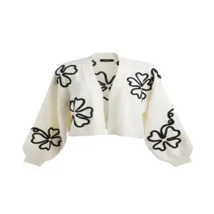 Saachi Cropped Floral Squiggle Cardigan - White