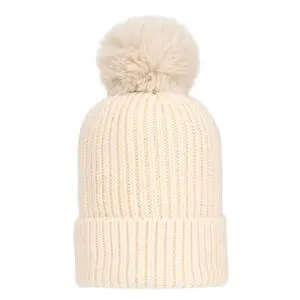 AT LAST... Chunky Cashmere Beanie With Faux Fur Pom Pom - White