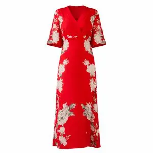 RAISHMA Frankie Floral Printed V-neck Maxi Dress - Red