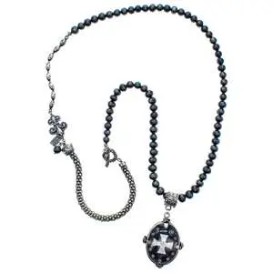 GEM KINGDOM Sterling Silver, Pearl, Fleur-de-lis, And Cross Necklace - Silver/black