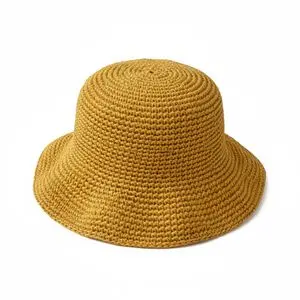 SPRINGMOONATELIER Handmade Raffia Crochet Bucket Hat - Brown/yellow
