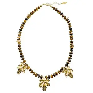 FARRA Tiger Eye And Maple Leaf Pendant Necklace - Brown